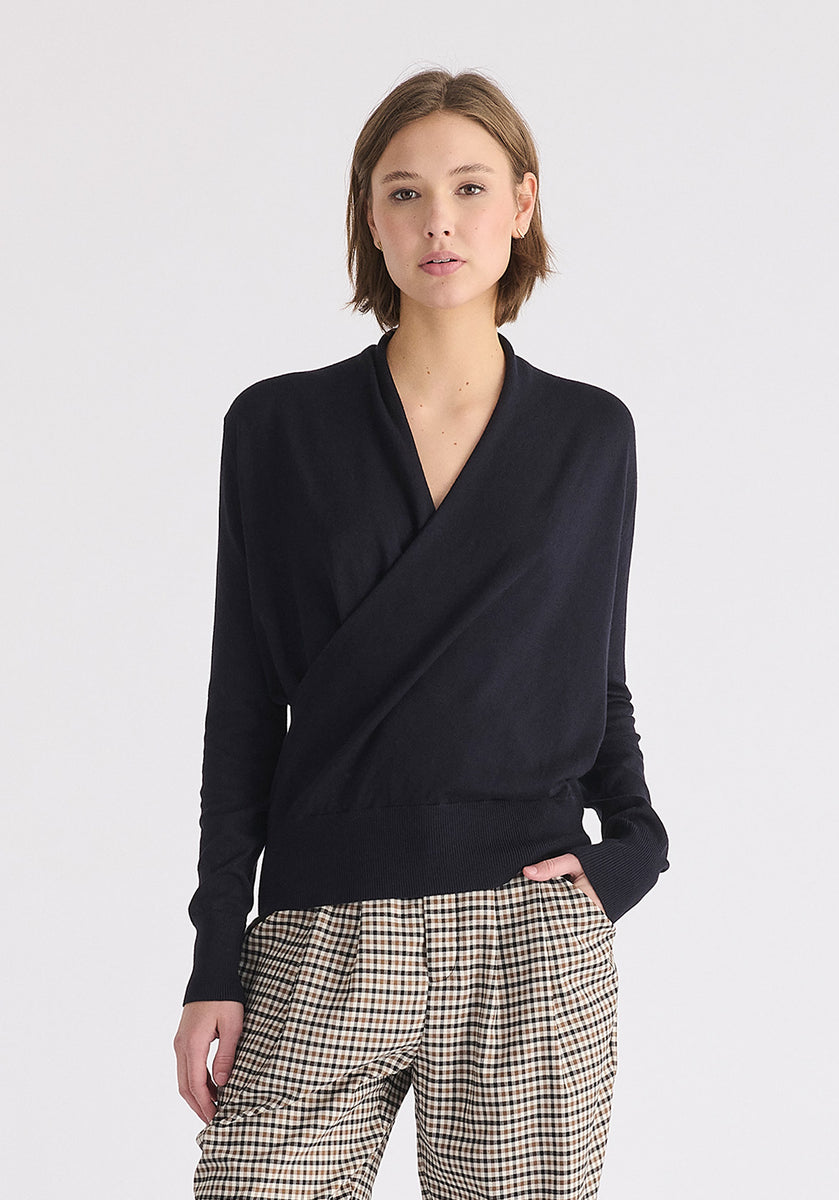Long Sleeve Knitted Wrap Top in Navy | Knitwear – Paisie