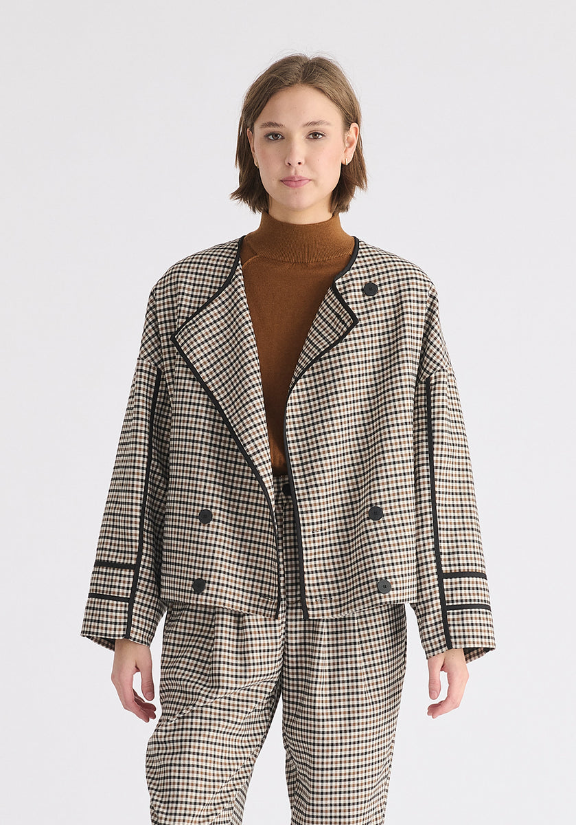 Double Breasted Check Jacket with Matching Scarf in Brown, White and ...
