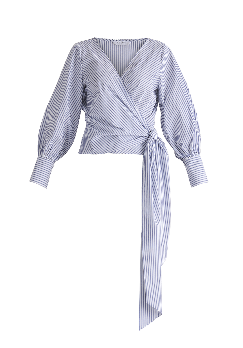 Striped Wrap Top with Waist Tie in White and Blue Stripes | Tops – Paisie