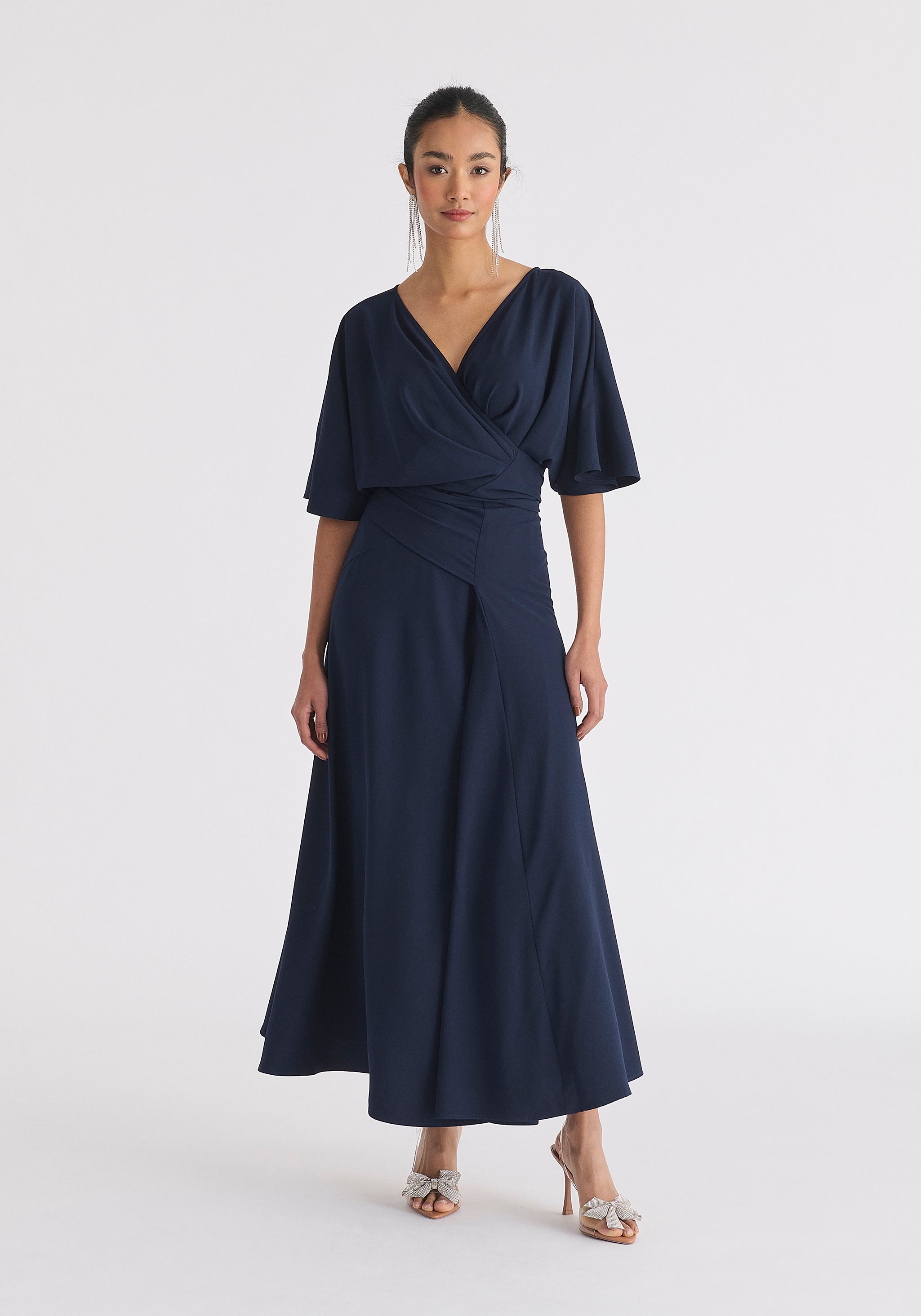 Flare Sleeves Maxi Wrap Dress in Navy | Dresses – Paisie