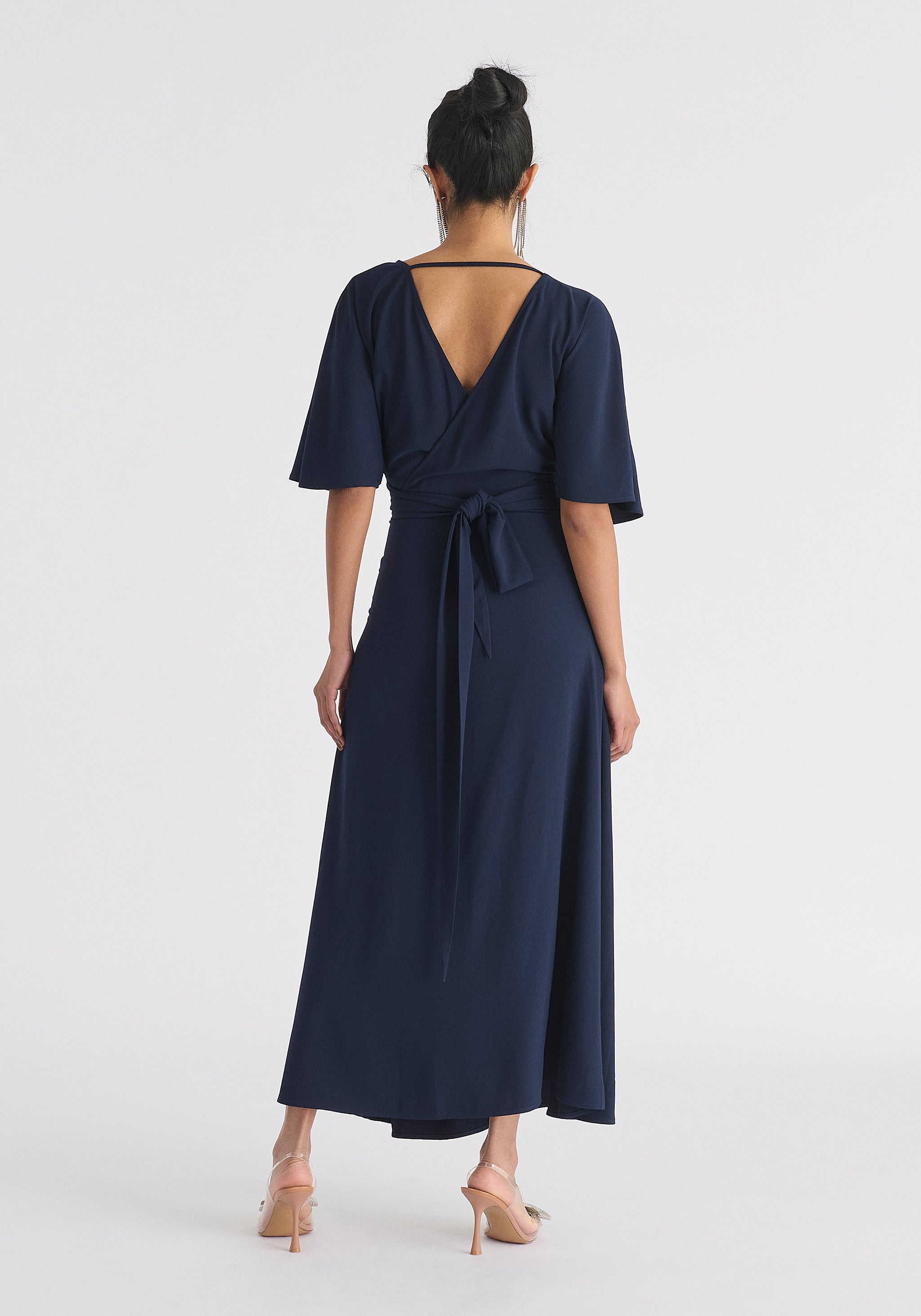 Flare Sleeves Maxi Wrap Dress in Navy | Dresses – Paisie