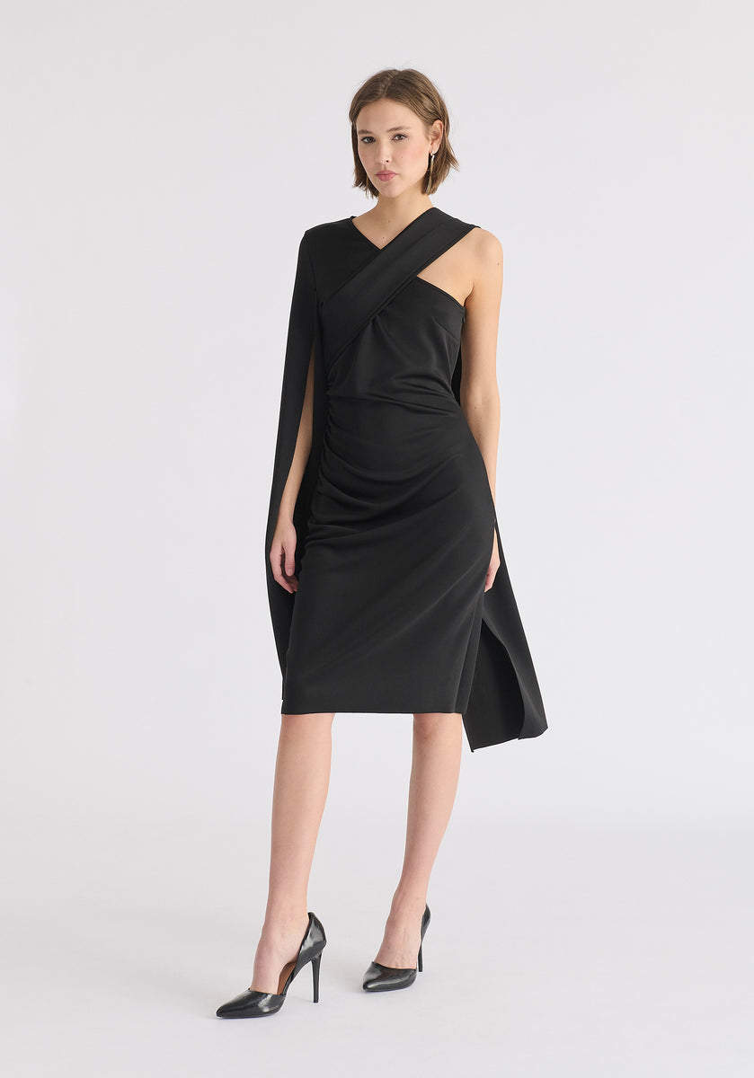 Asymmetric Draped Cape Sleeve Dress in Black | Dresses – Paisie