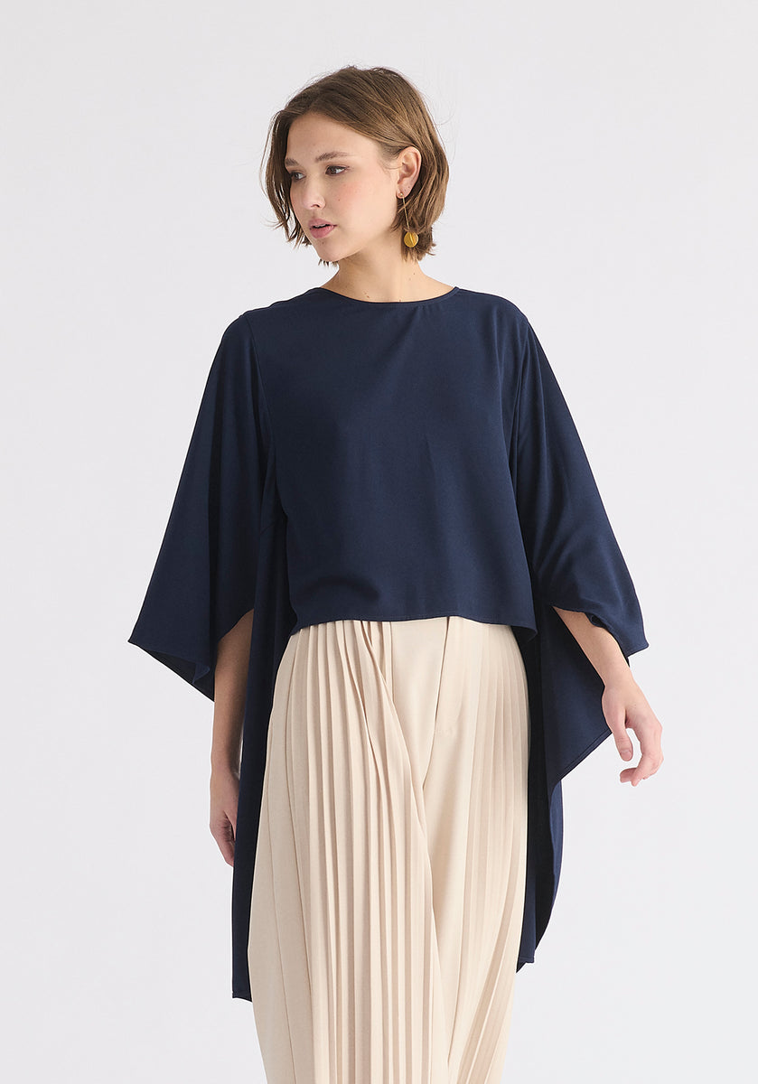Round Neck Cape Top in Navy | Tops – Paisie
