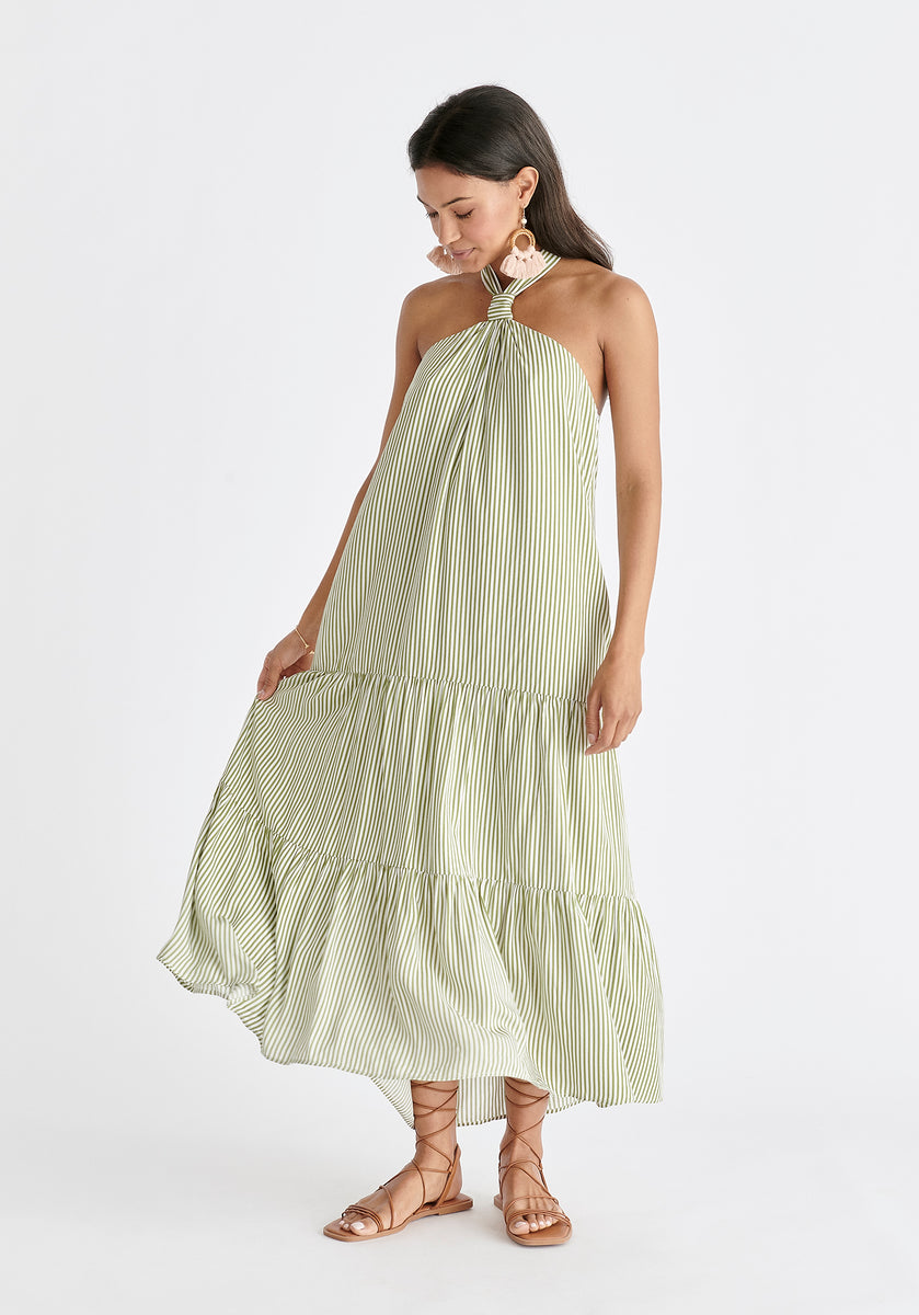 Tiered Halterneck Maxi Dress in Green and White | Dresses – Paisie