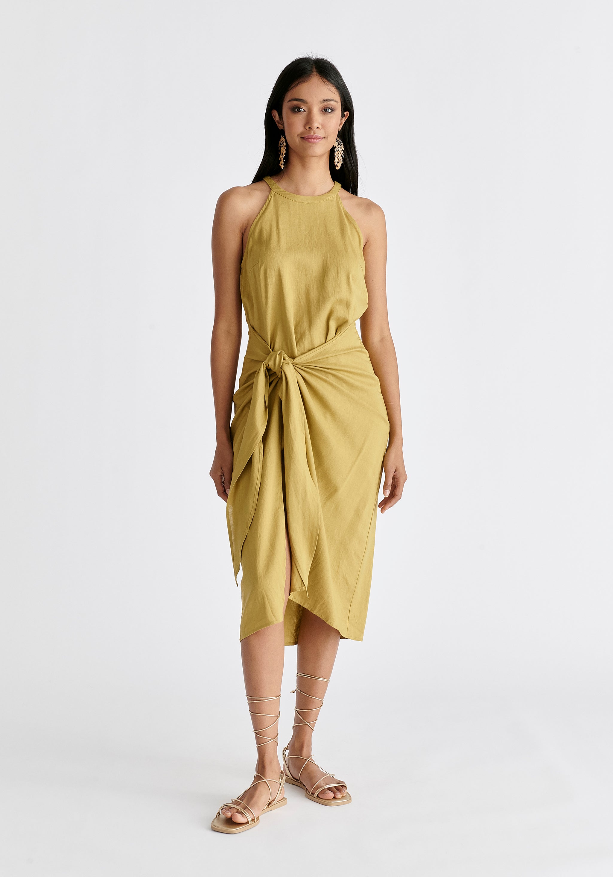 Linen Blend Waist Tie Dress in Olive | Dresses – Paisie