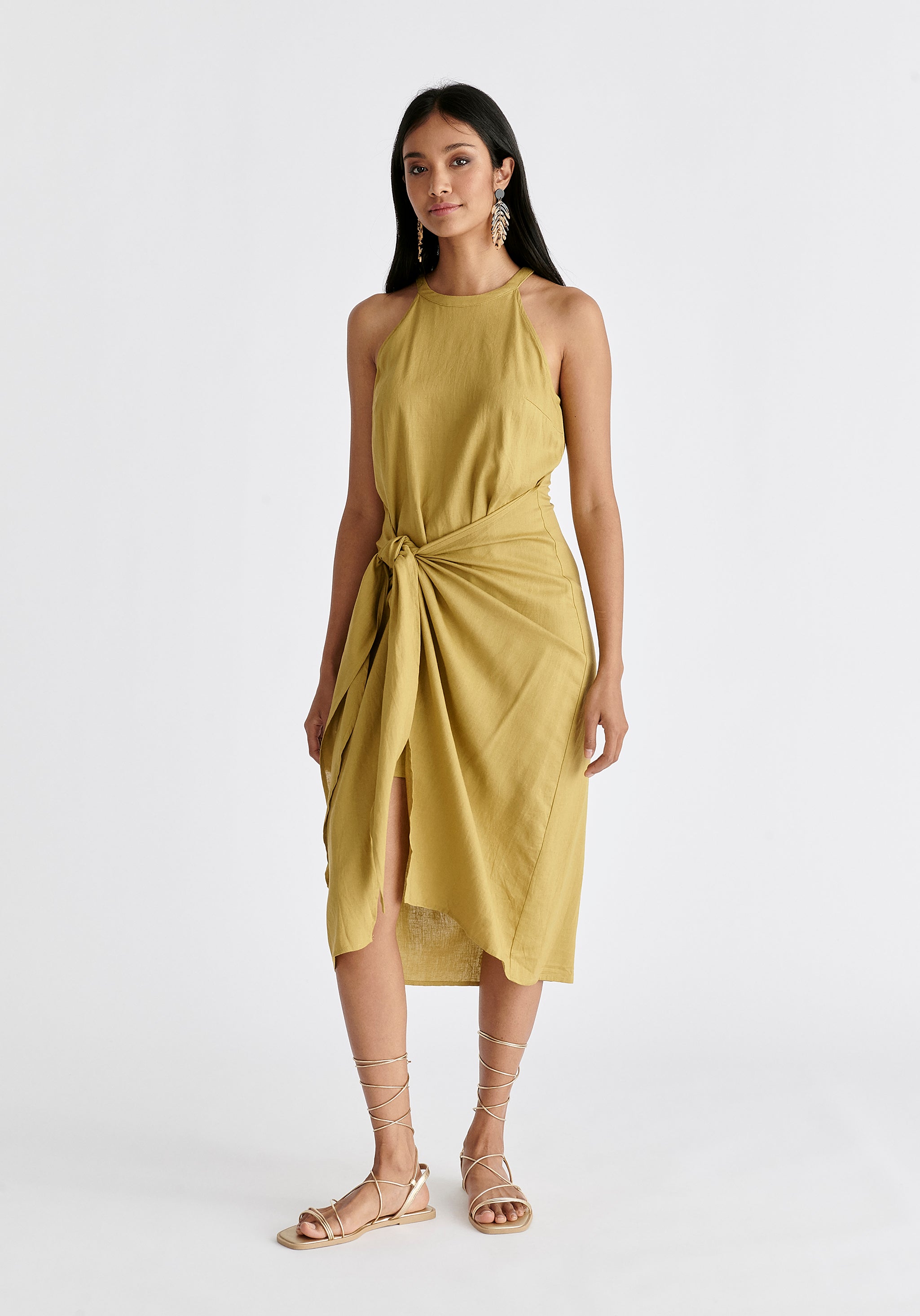 Linen Blend Waist Tie Dress in Olive | Dresses – Paisie