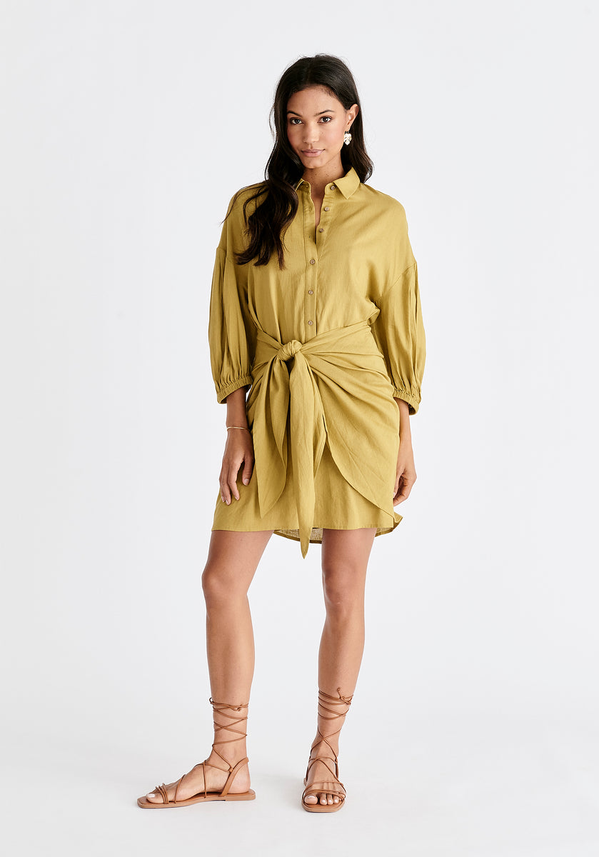 Linen Blend Shirt Dress in Olive | Dresses – Paisie