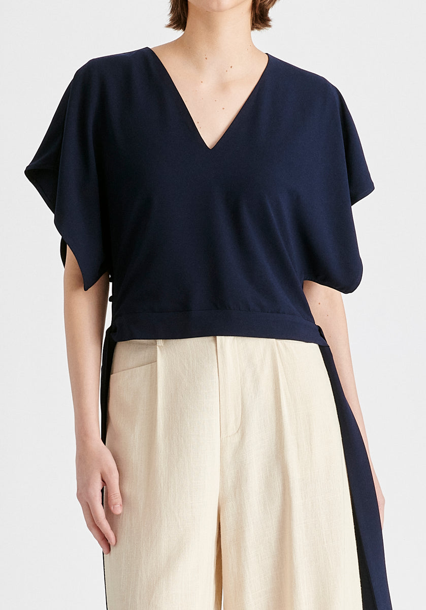 V-Neck Side Tie Top with Batwing Sleeves in Navy | Tops – Paisie