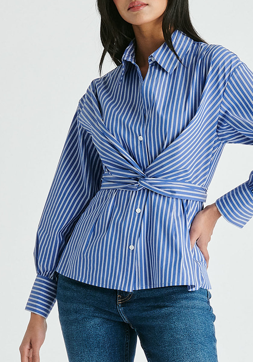 Wrap Tie Waist Shirt in Blue Stripes | Tops – Paisie