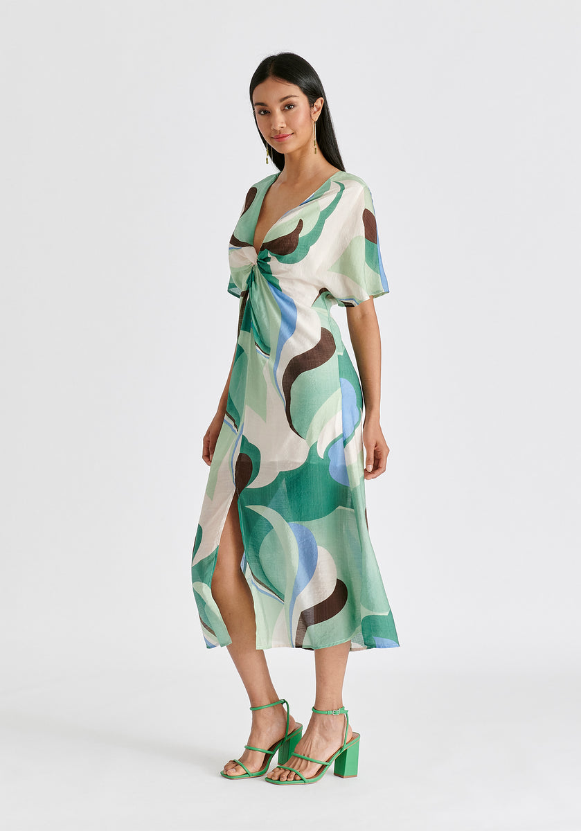 Retro Wave Midi Dress with Twist Detail in Green, Brown, Blue, Mint and ...