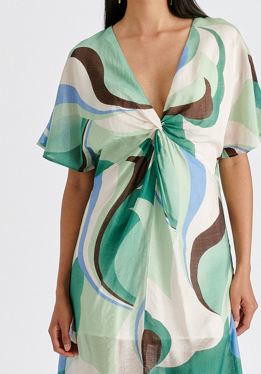 Retro Wave Midi Dress with Twist Detail in Green, Brown, Blue, Mint and ...